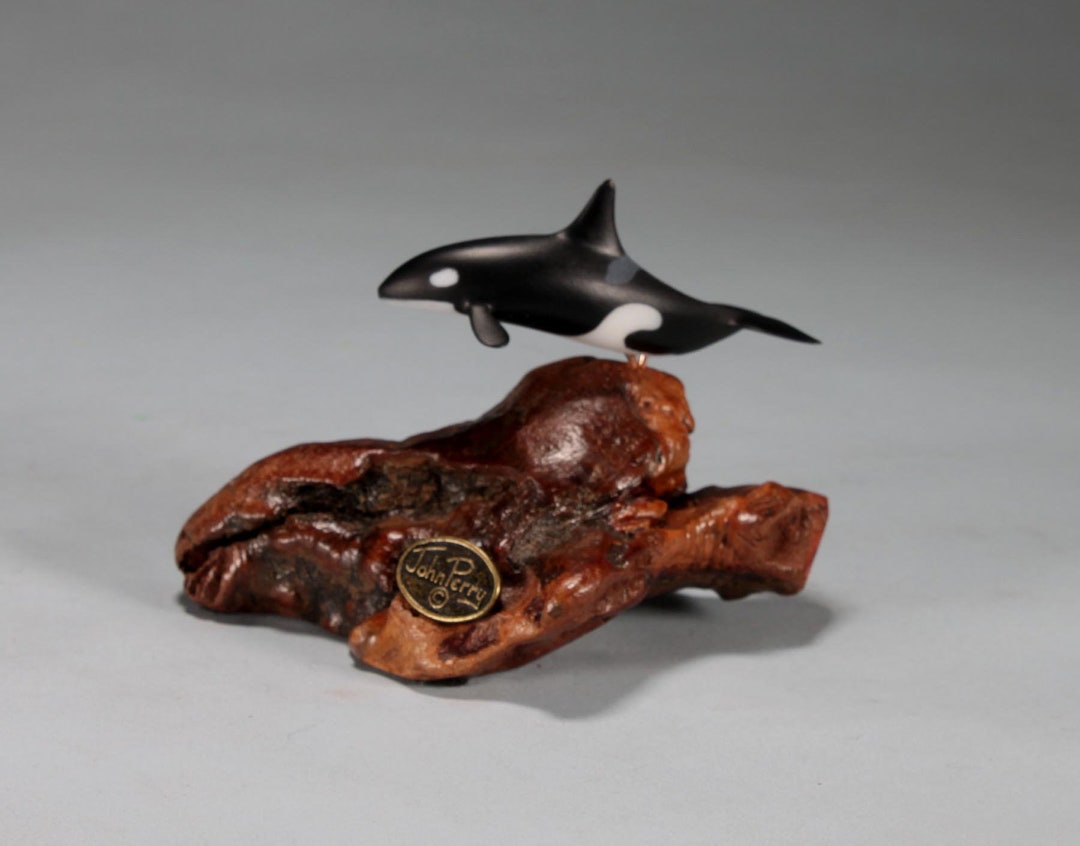 Orca Killer Whale Sculpture by John Perry 4in Long Statue on Burl Base ...