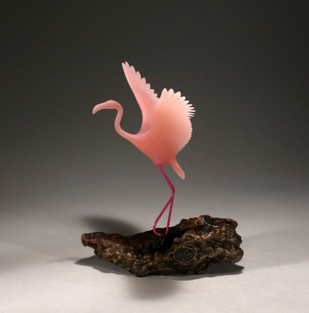 Flamingo Sculpture by John Perry Flying 6in Long on Polished Burlwood ...