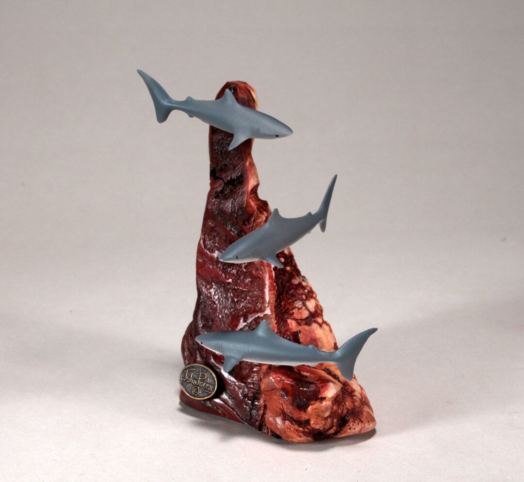 Shark Trio Sculpture Figurine Decor by John Perry 6in Tall Airbrushed ...