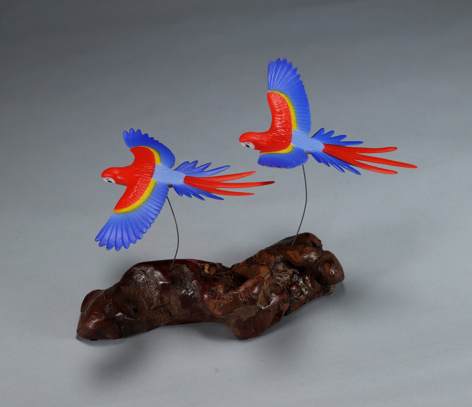 Macaw Parrot DUO Sculpture by John Perry Scarlet 7in Long on Burlwood ...