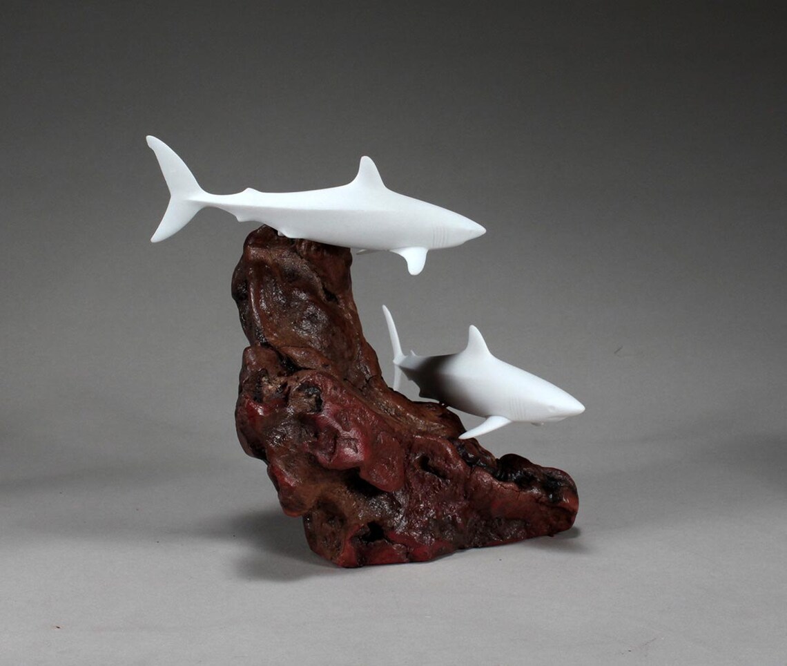 Shark Sculpture Decor Statue by John Perry DUO 7in Tall on Burlwood ...