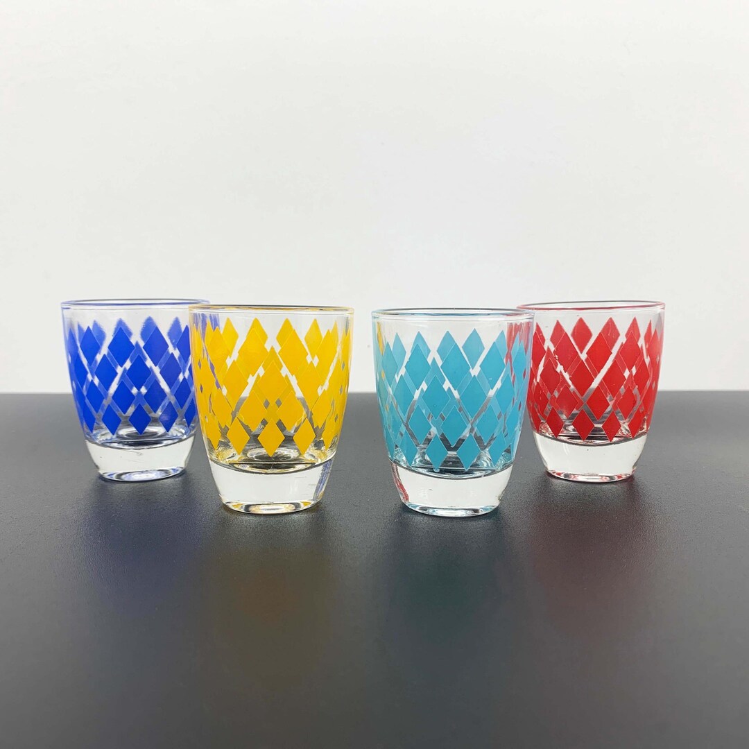 Vintage French Harlequin Diamond Print Shot Glasses Set of 4 Colourful ...