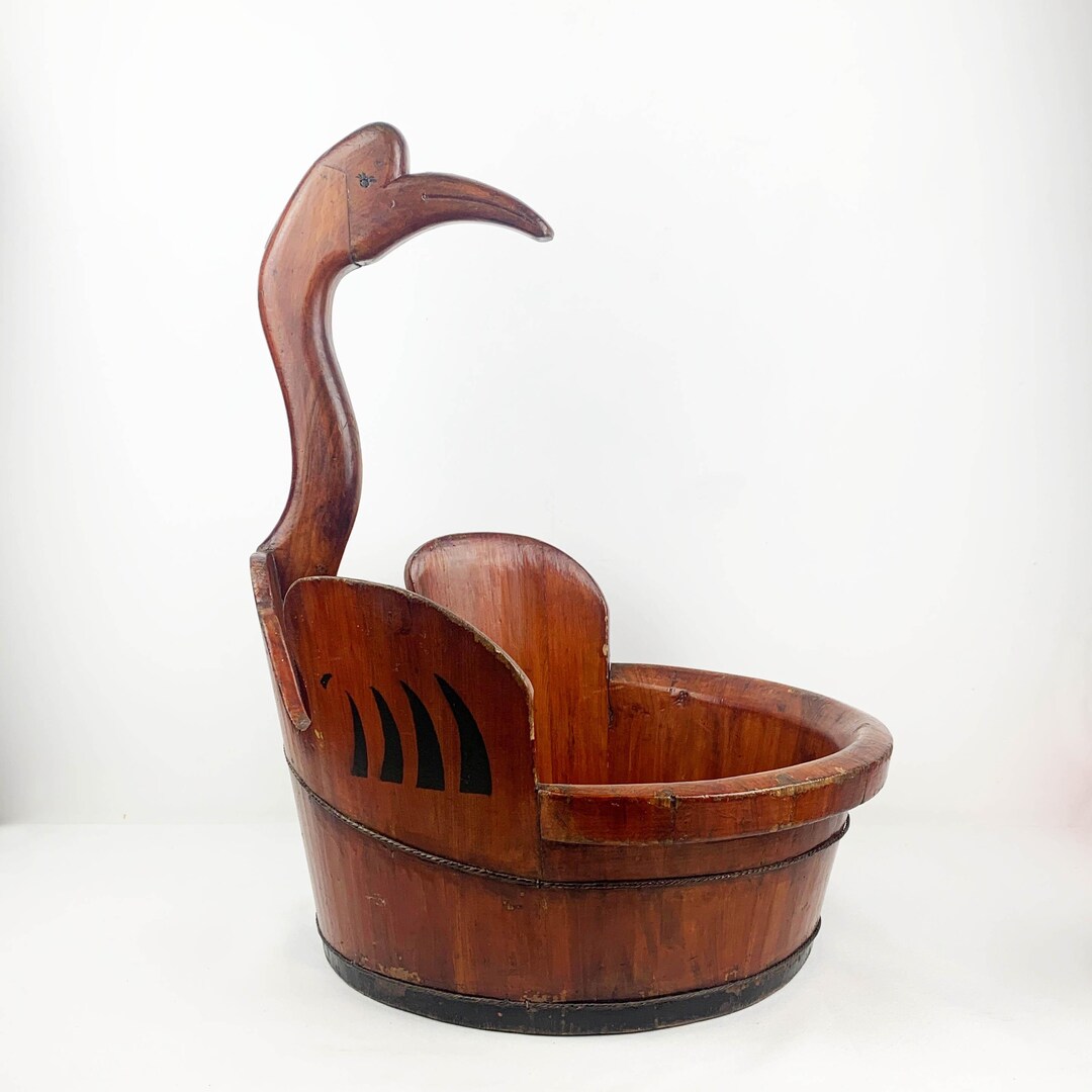 Antique Japanese Wooden Bucket With Crane Handle: Asian Decor, Bird ...