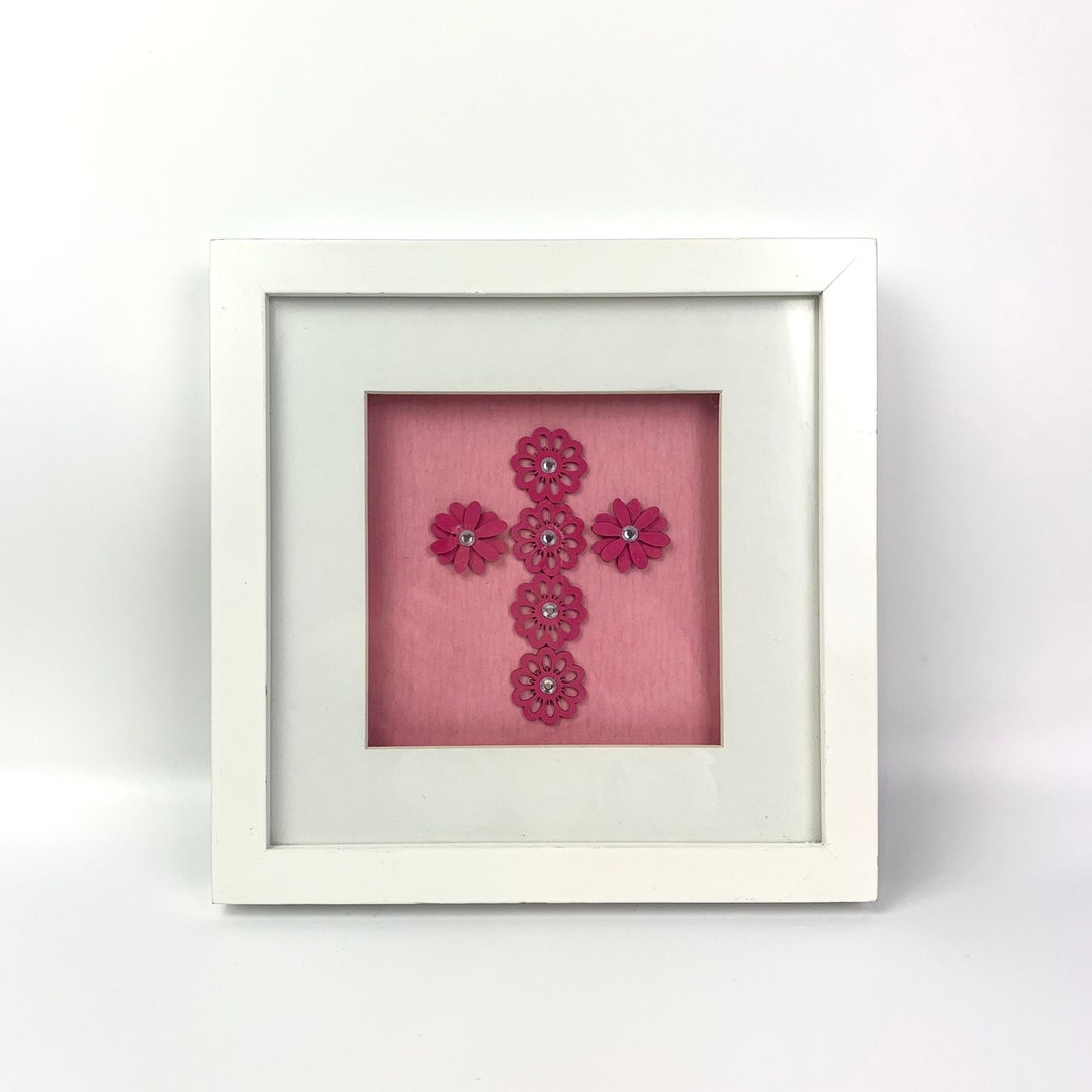 Pink Cross Framed Mixed Media Art Girls Room Religious Art Bless This ...