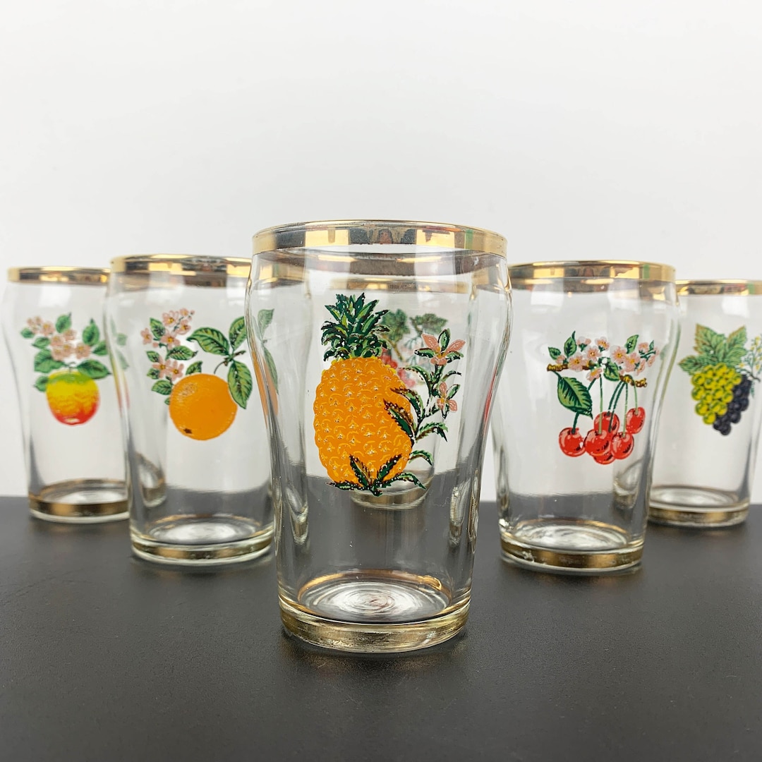 Set Of 6 Vintage Glass Tumblers With Fruit Prints Gold Trimmed Tumblers Mid Century Fruit