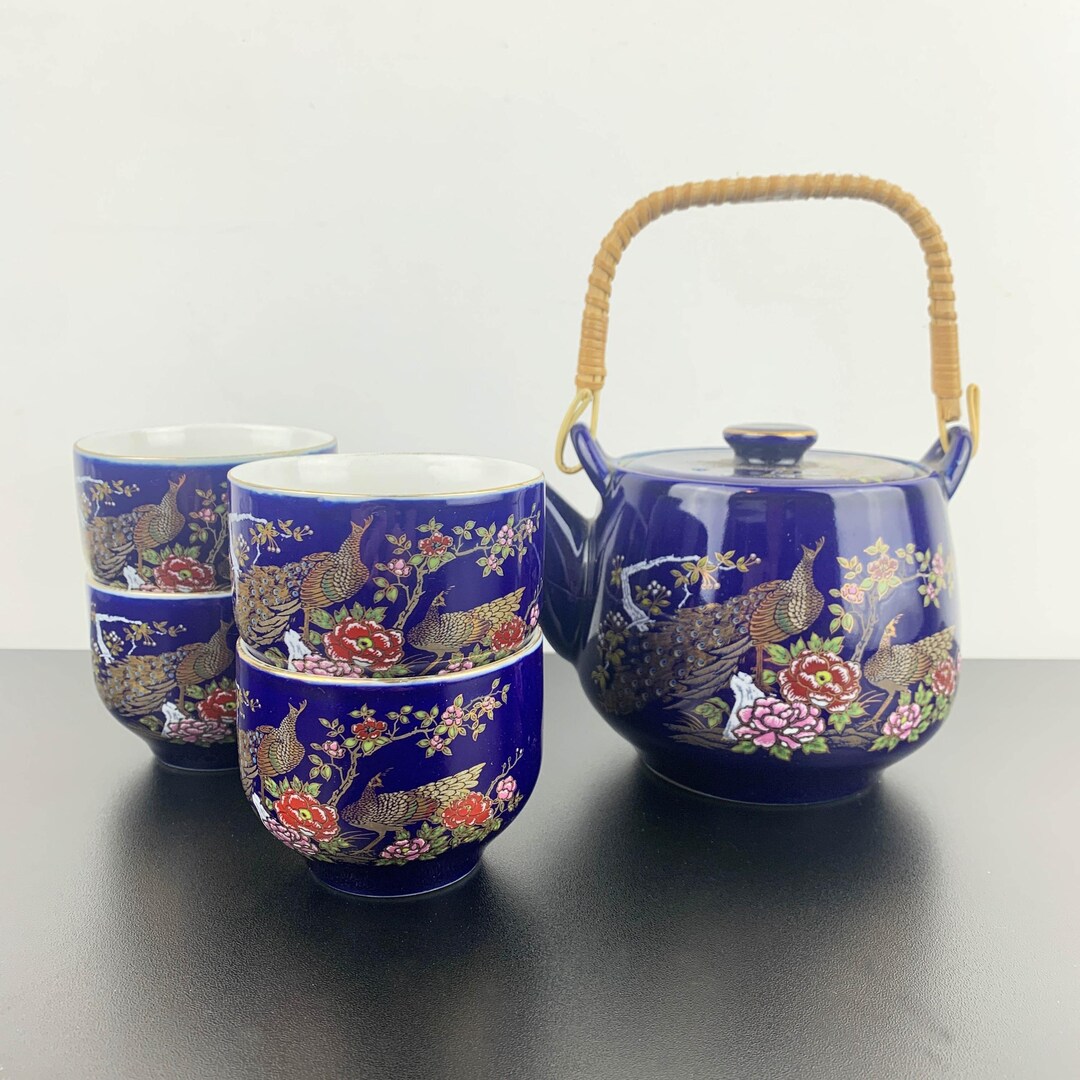 Japanese Blue and Gold Tea Set With Intricate Peacock Design | Japanese ...