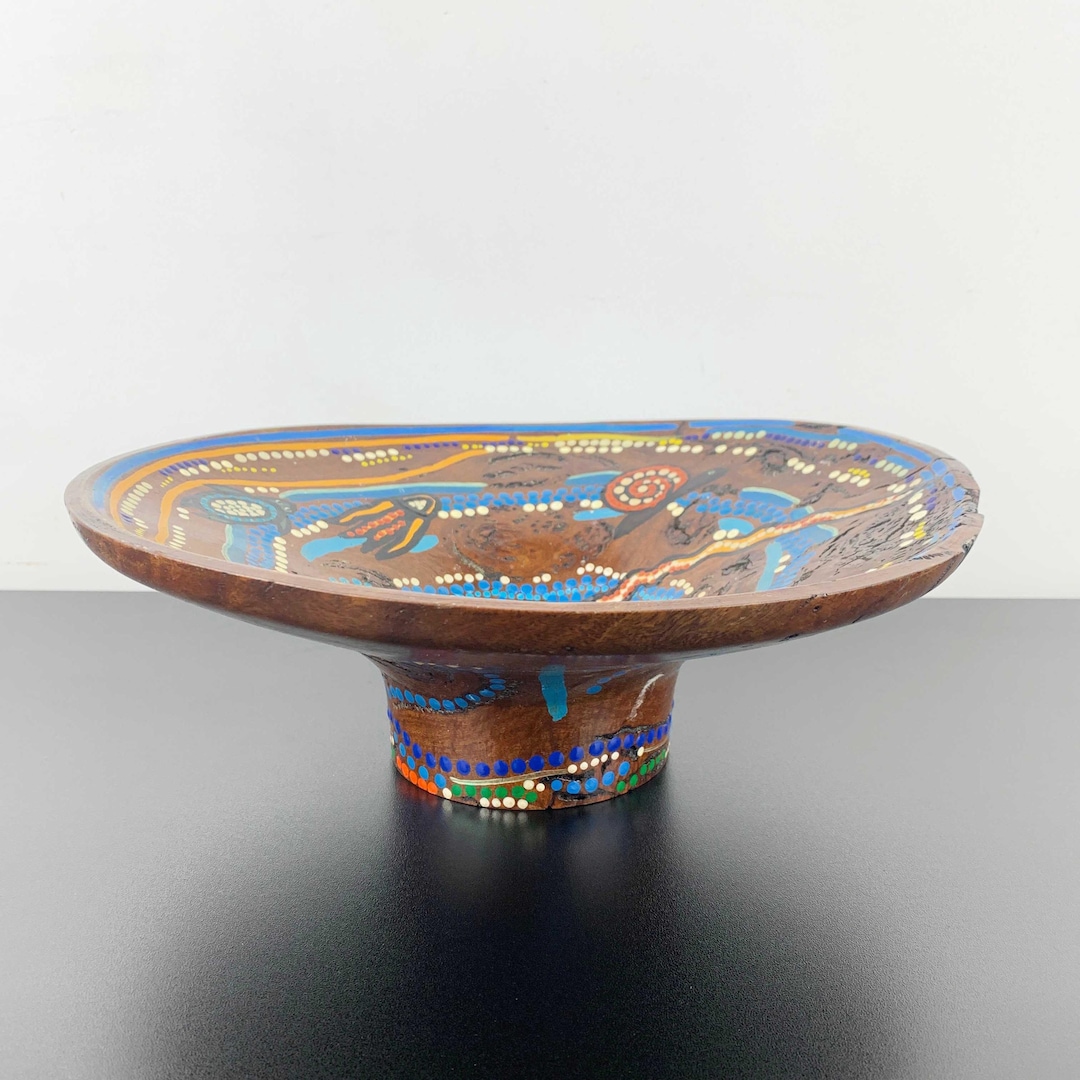 Australia Aboriginal Art Hand Painted Eucalypt Wood Pedestal Bowl ...