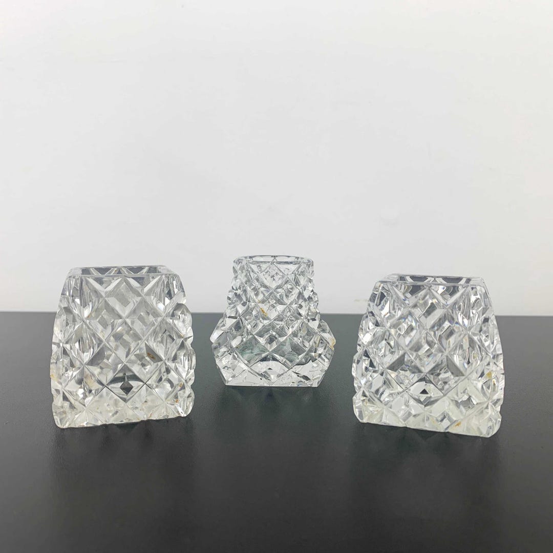 Set of 3 Vintage Cut Glass Candlestick Holders | Small Diamond Cut ...