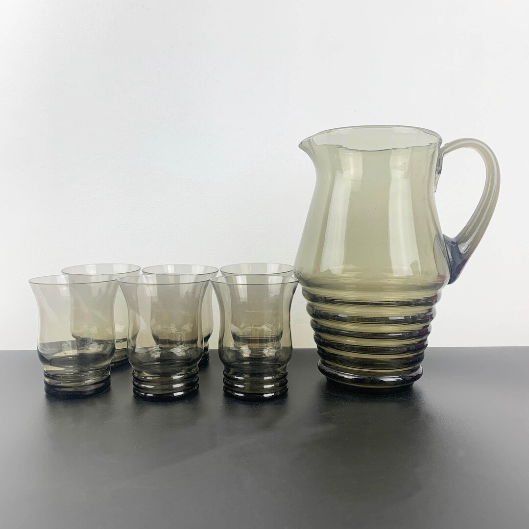 Mid Century Smoky Glass Ribbed Cocktail and Lemonade Set | Glass Ribbed ...