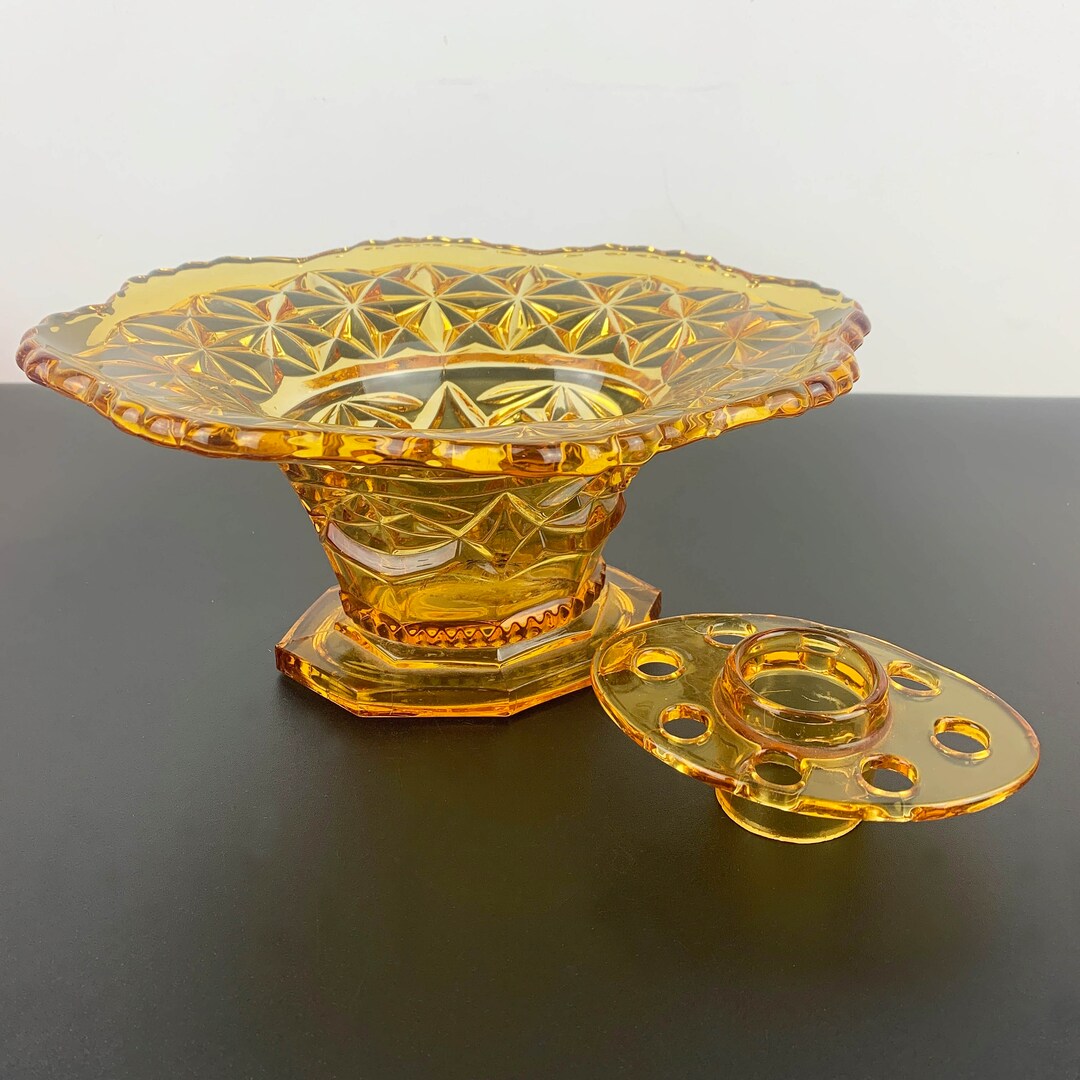 Art Deco Amber Cut Glass Vase With Flower Frog | Wide Fan Shape Amber ...