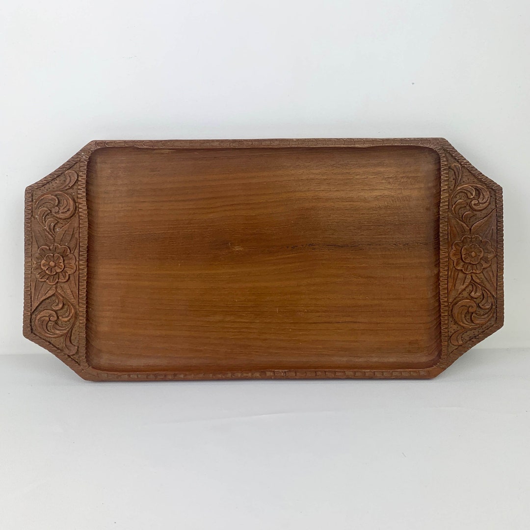 Teak Carved Serving Tray | Wooden Carved Tray | Teak Floral Carved ...