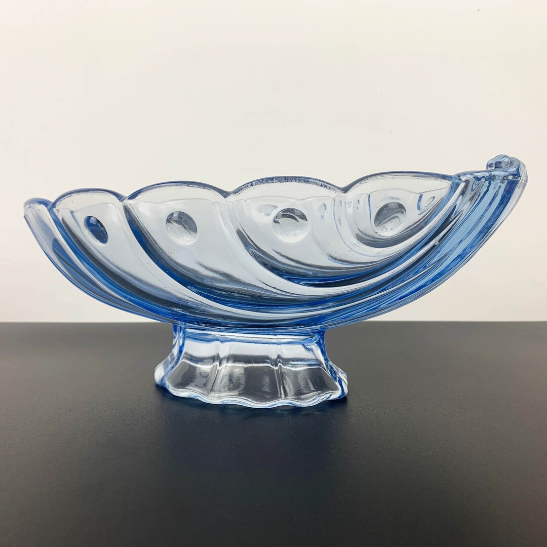 Rare Stolzle Czechoslovakia 1930s Art Deco Blue Glass Footed Shell Bowl ...