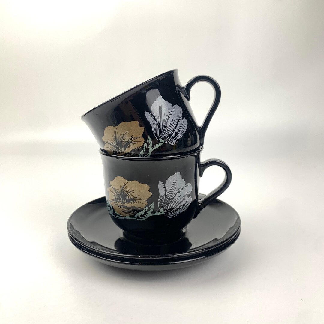 Luminarc Arcoroc Julie Pattern Coffee Cup and Saucer Set of 2 Black ...