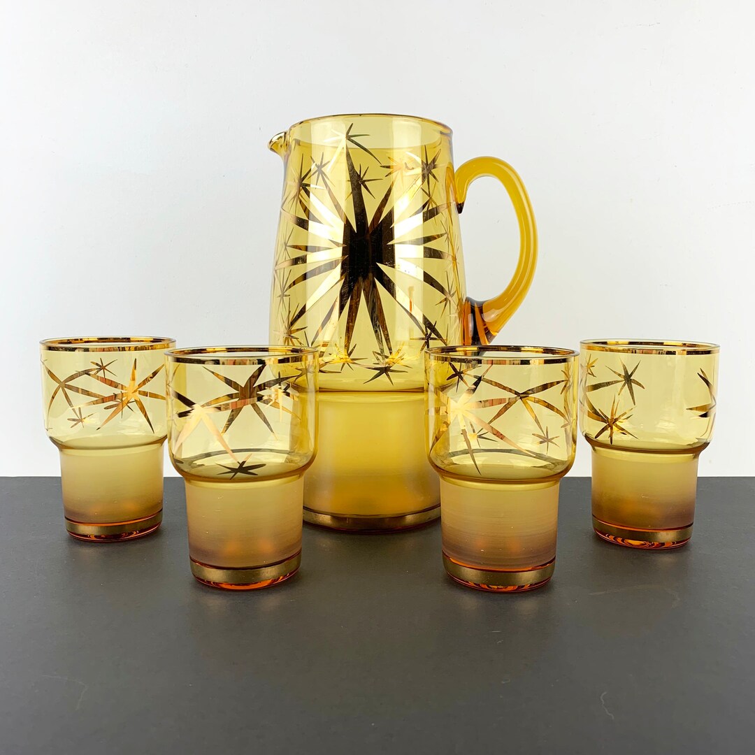 Bohemian Gold Gilt Amber Glass Lemonade Set Hand Made Beautiful Mid ...