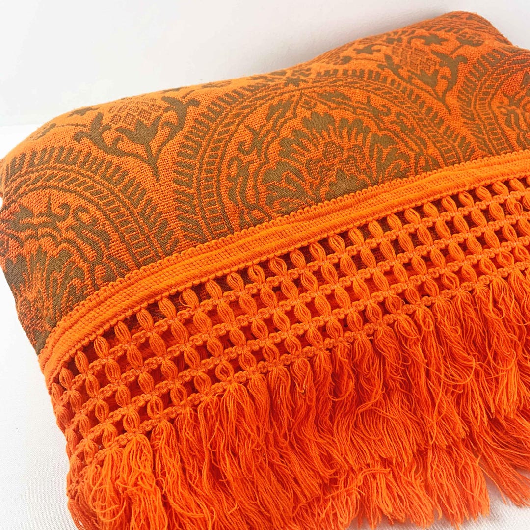 Retro Orange and Grey Bedspread With Fringe Made in Japan Mid Century ...