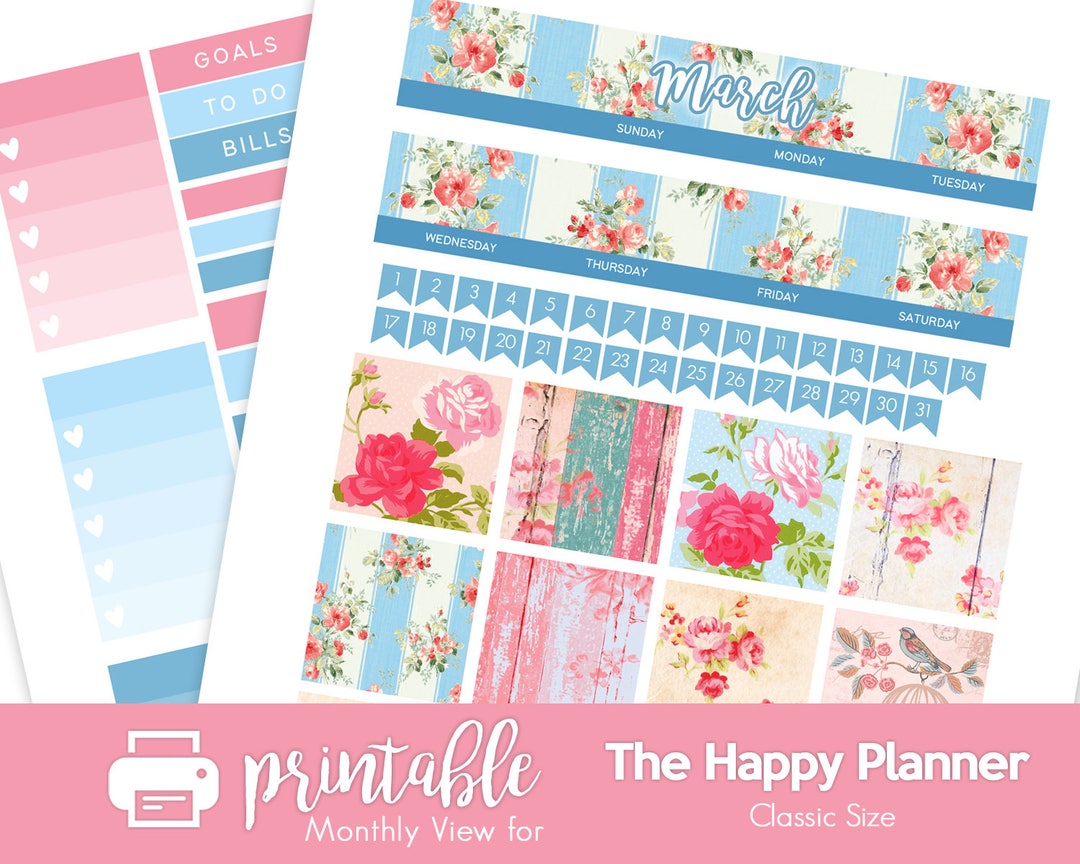 Printable Planner Stickers March Monthly View Kit W/ Vintage Rose ...