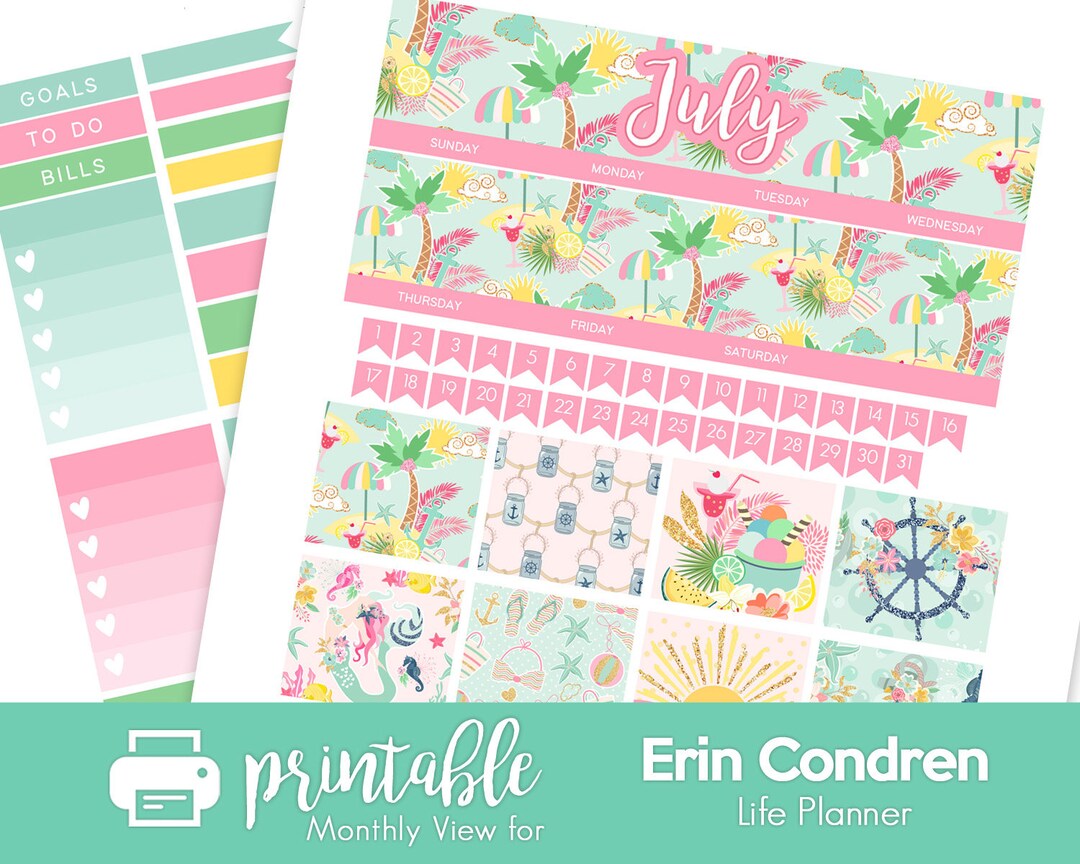 Printable Planner Stickers July Monthly View Kit Ocean Life Theme W ...