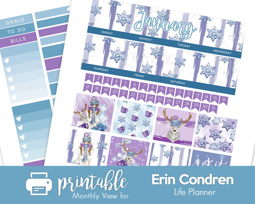 Printable Planner Stickers Winter Snowflake January Monthly View Kit W ...