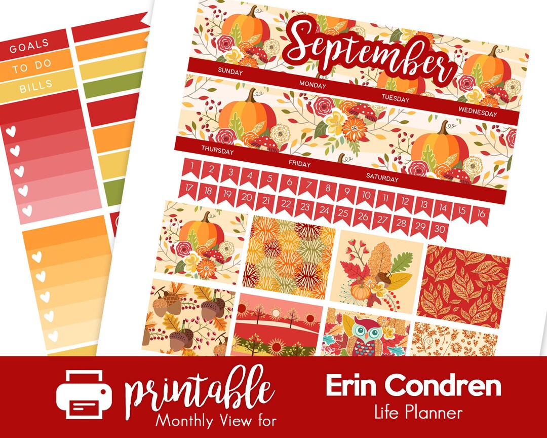 Printable Planner Stickers September Monthly View Early Autumn Theme ...