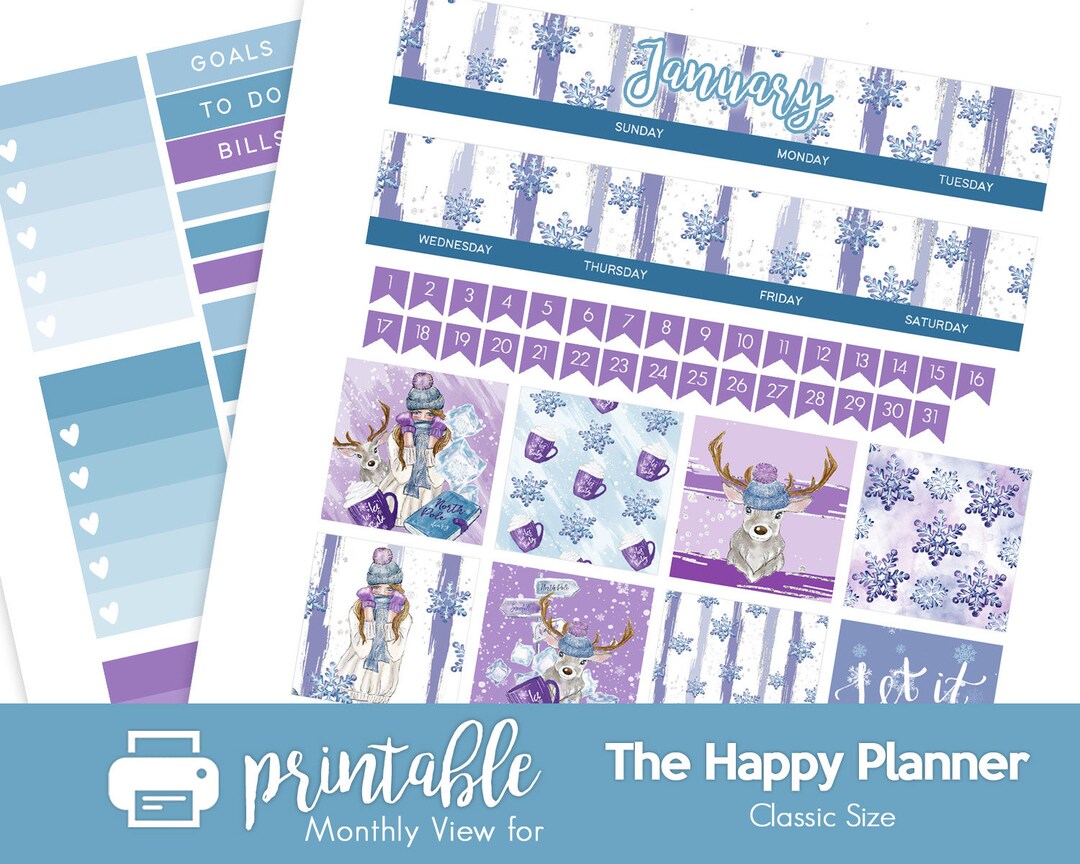 Printable Planner Stickers Winter Snowflake January Monthly View Kit W ...