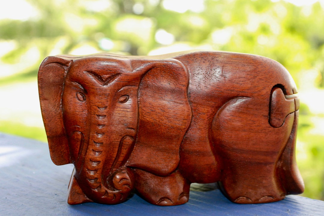 Elephant Secret Puzzle Box Stash Trinket Jewelry Box Hand Carved Suar ...