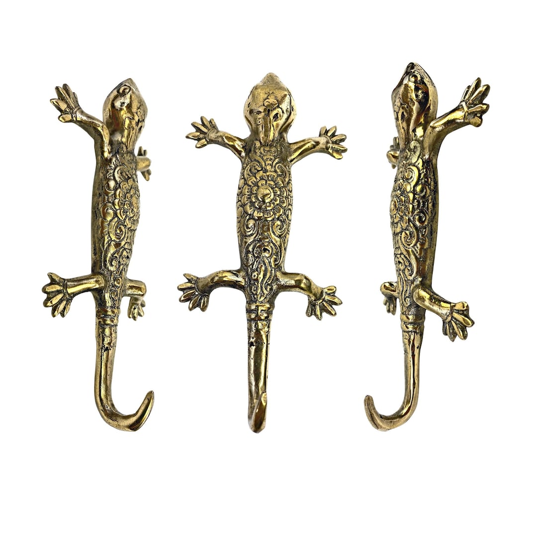 Gecko Wall Hook Lizard Embossed Lotus Handmade Solid Brass Coat Hook ...