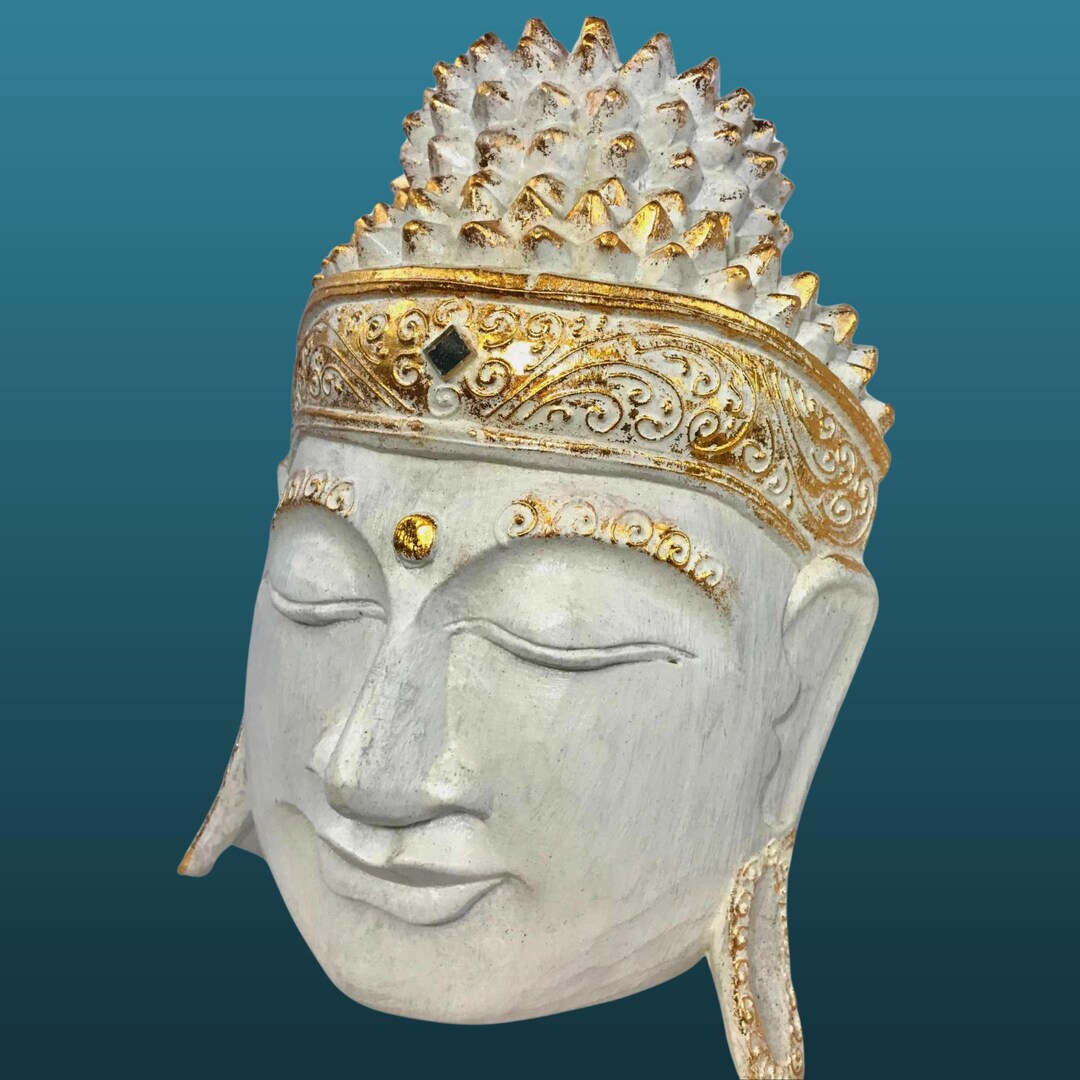 White Buddha Mask | Wall Art Sculpture Hand Carved Wood | Balinese Folk ...