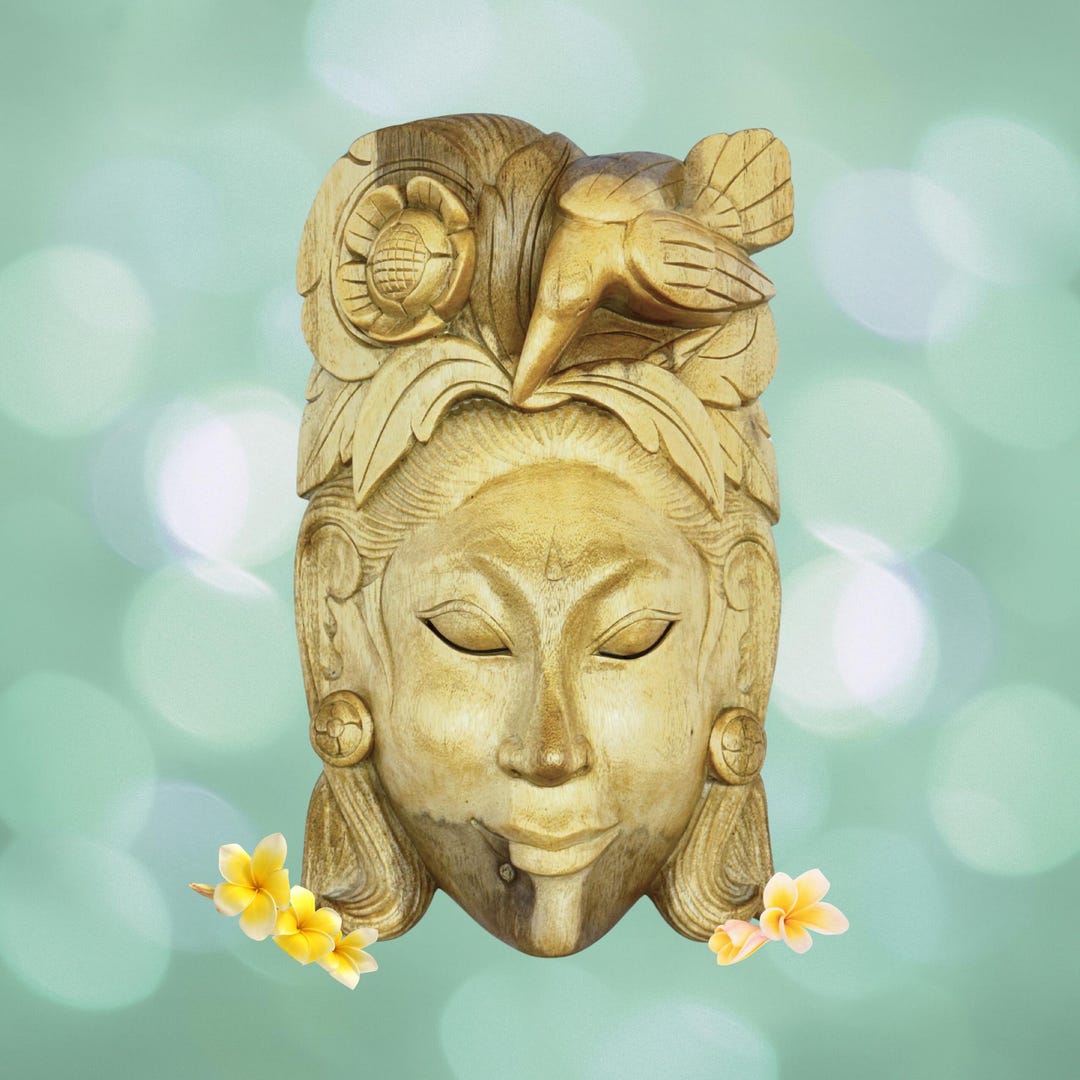 Balinese Dewi Sri Bawang Wood Mask: Hand Carved Bird Goddess Wall Decor ...
