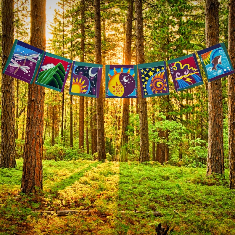 Handmade Batik Prayer Flag Set the Outdoors: Sun, Moon, Dragonfly ...
