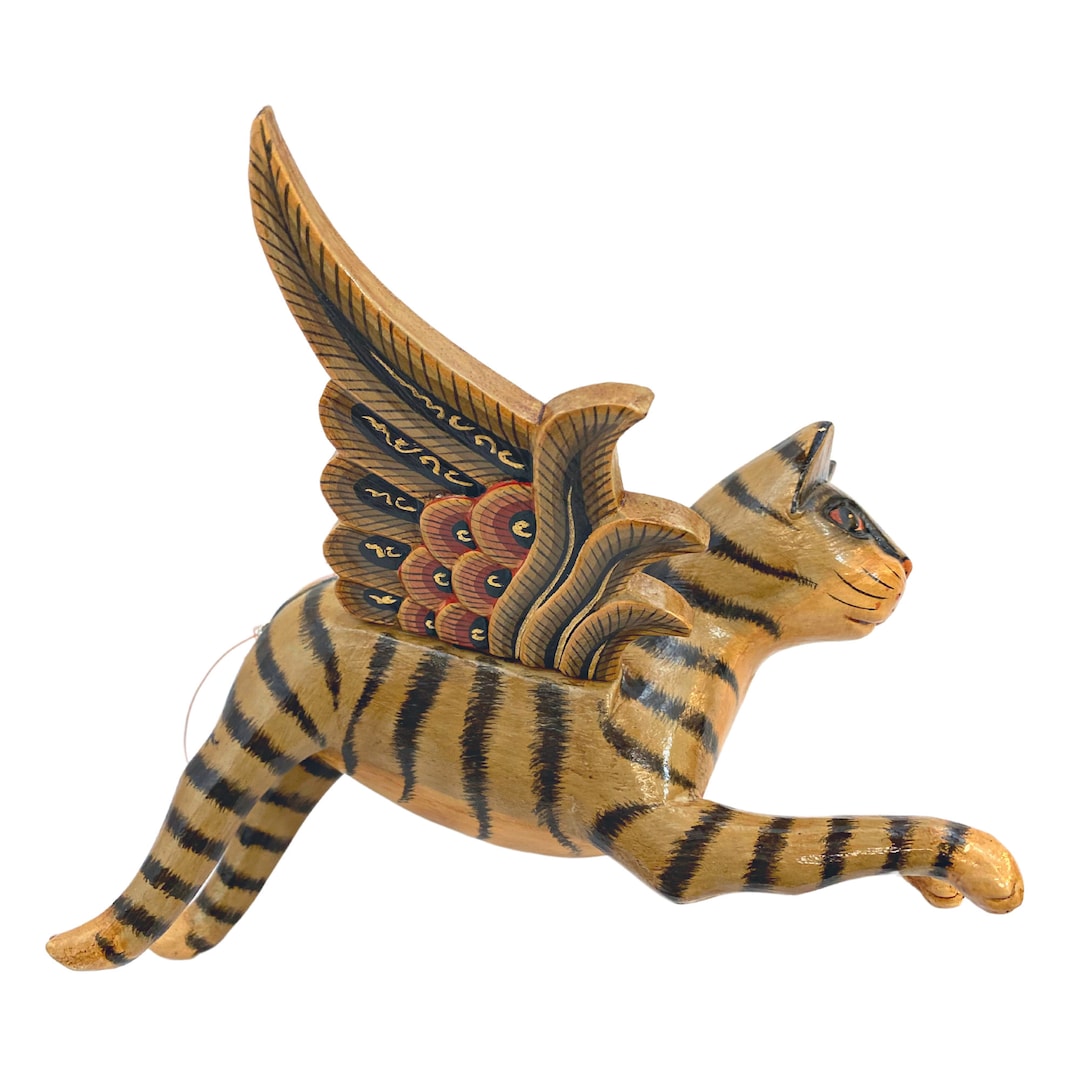 Flying Tabby Striped Cat Mobile, Balinese Hand Carved Wood Folk Art ...