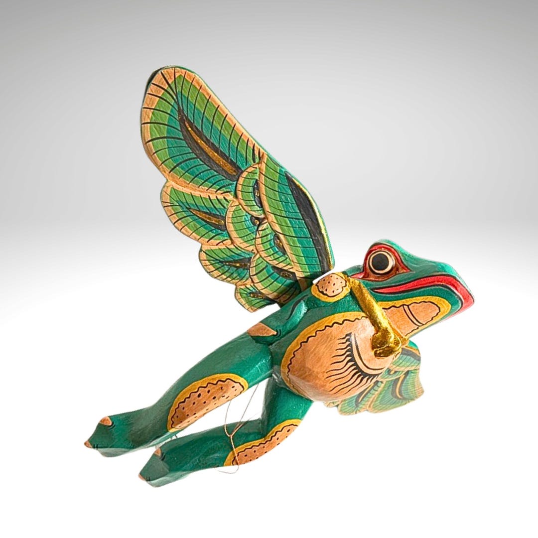 FLYING Frog Mobile Winged Spirit Demon Chaser Hand Carved Wood Balinese ...