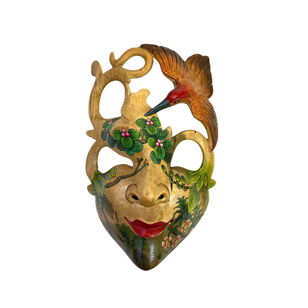 Balinese Forest Nymph Red Bird Dream Mask | Hand Carved Wood Decor ...