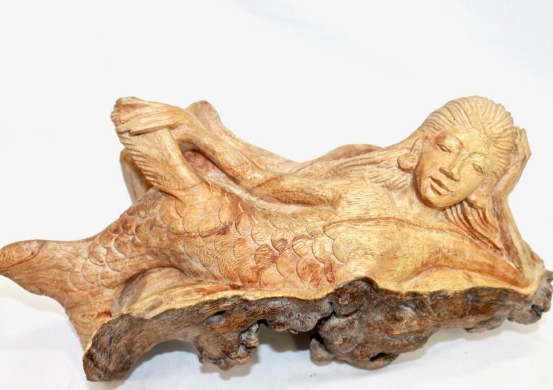 Mushroom Wood Hand Carved Mermaid Sculpture Mermaid Statue With ...