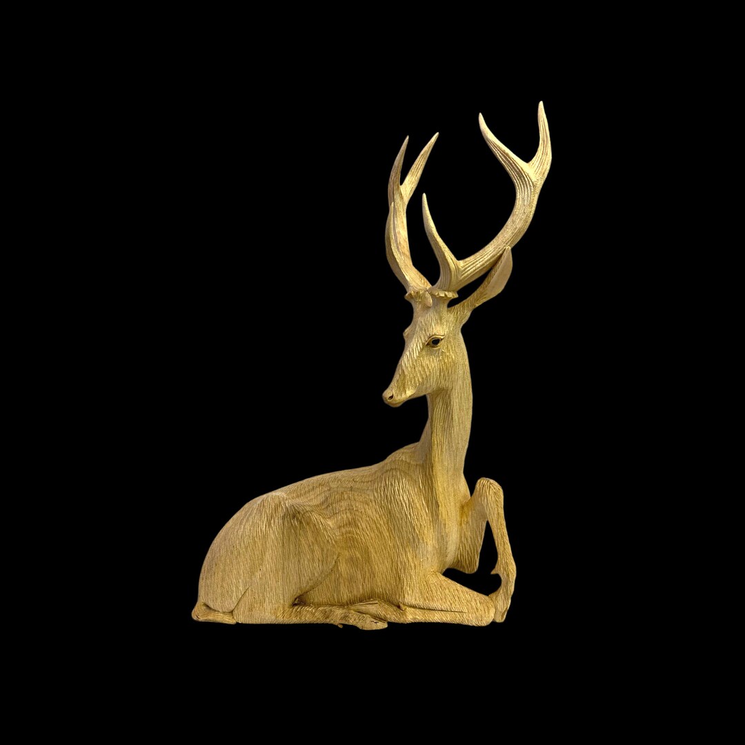Wooden Deer Stag Buck Sculpture, Hand Carved Deer Wood Carving Balinese ...