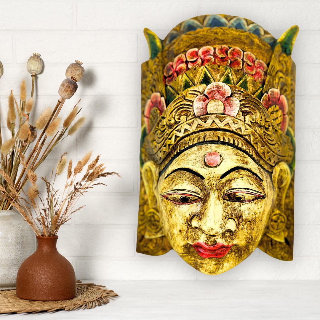 Balinese Mask Dewi Sri Rice Fertility Goddess Polychrome Hand Carved ...