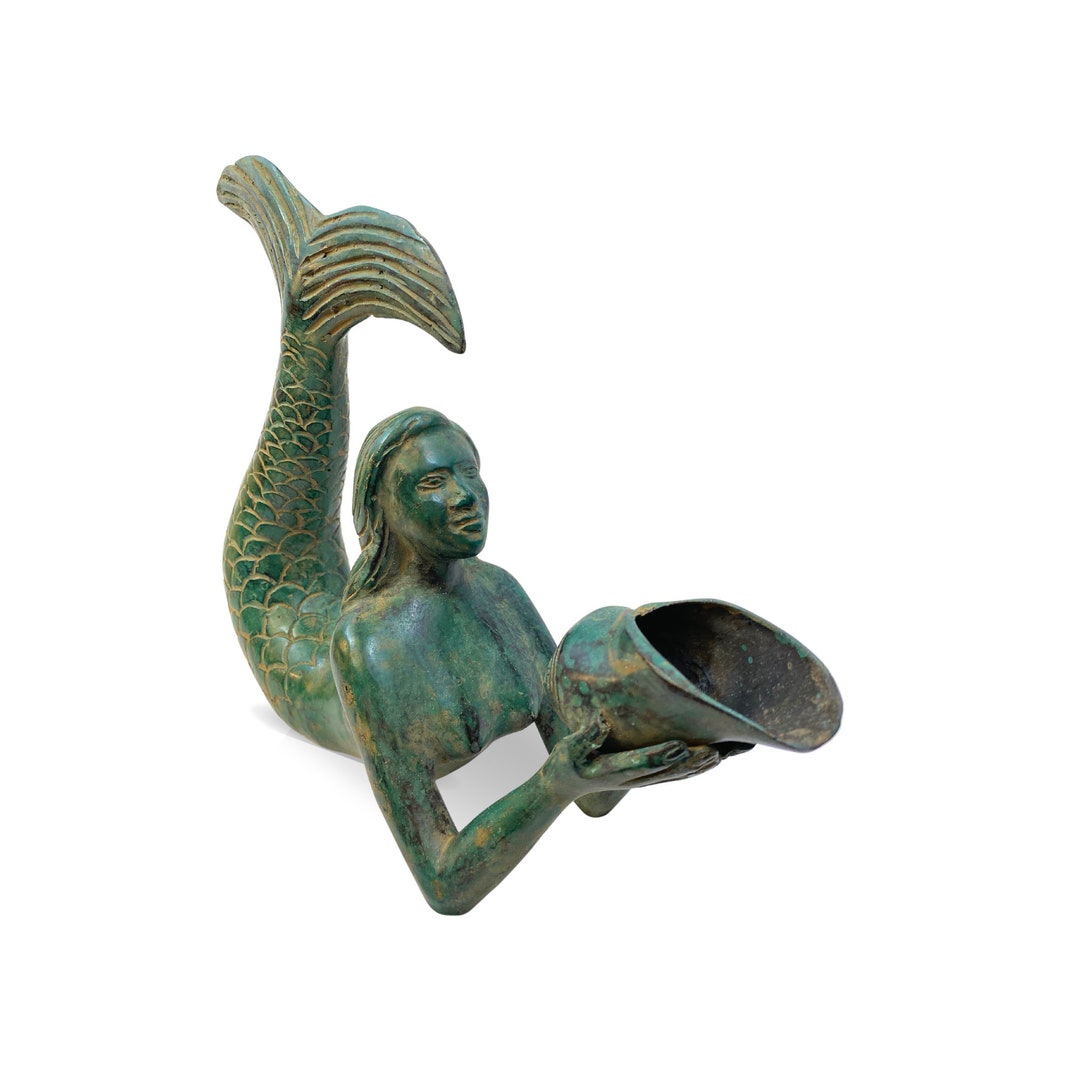 Bronze Art Nouveau Mermaid Hold a Seashell Statue Green Verdigris ...
