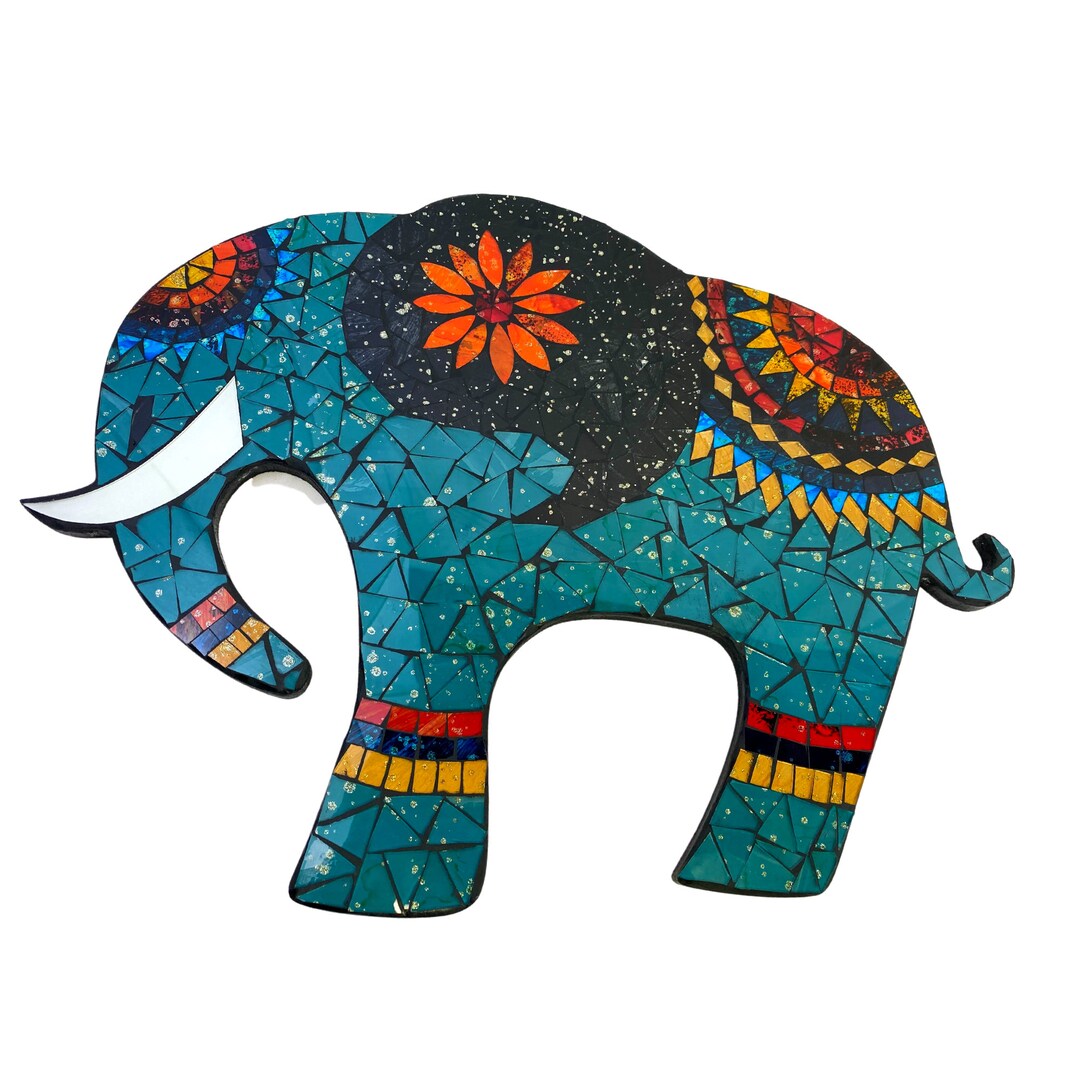 Asian Elephant Mosaic Wall Art Plaque Panel Hand Painted Glass Bali ...