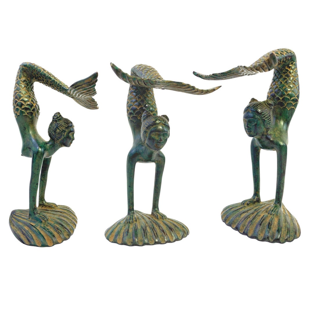 Bronze Art Nouveau Yoga Mermaid Sculpture Statue Green Verdigris Patina ...