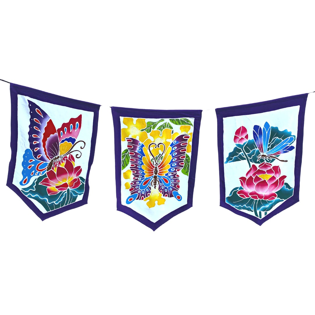 Batik Prayer Flag| Handcrafted Garden Art| Wall Hanging Rose Butterfly ...