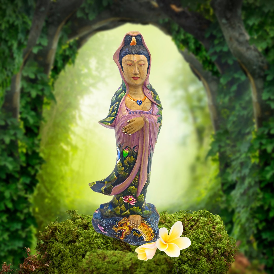 Kwan Yin Goddess of Compassion Sculpture: Hand Carved Wood, Balinese ...