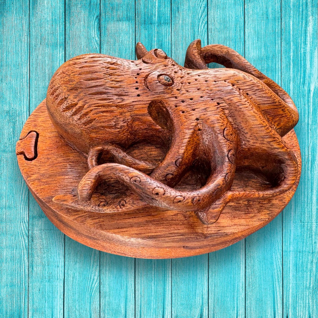 Hand Carved Octopus Puzzle Box: Suar Wood Nautical Stash Box - Etsy