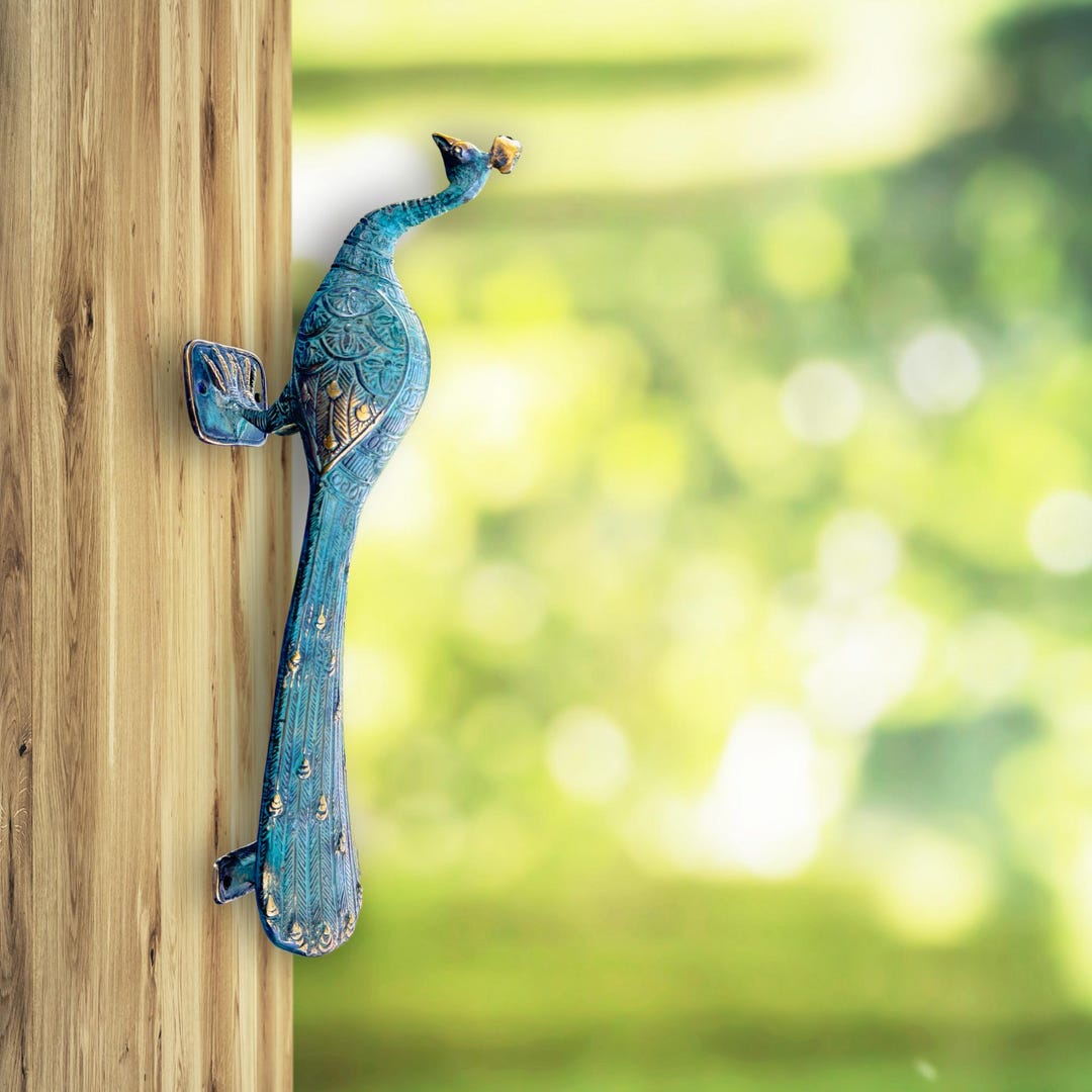 Balinese Peacock Door Handle Knob Pull Solid Bronze Verdigris Patina ...