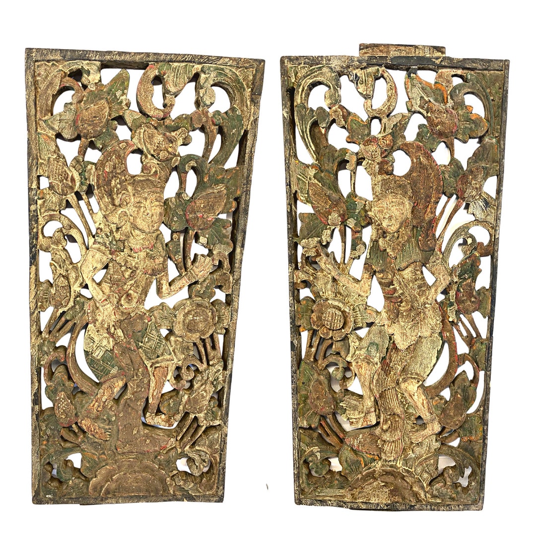Set of 2 Vintage Rama Sinta Panels Hand Carved Wood Architectural Wall ...