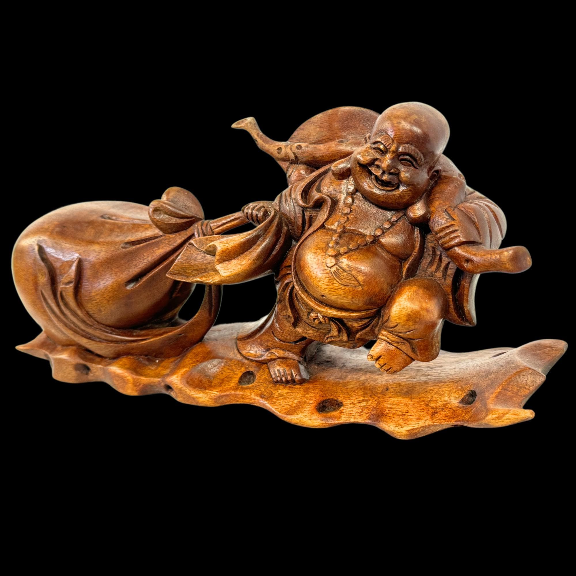 Joyful Buddha Statue Prosperity Hotei Budai Hand Carved Wood Sculpture ...