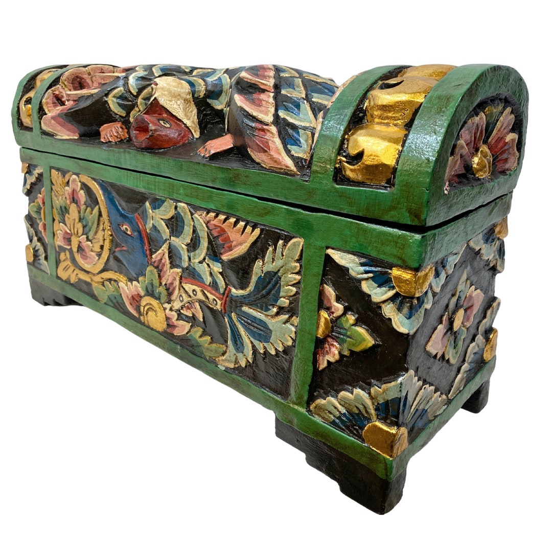 Balinese Bird & Fish DOWRY Offering BOX Hand Carved Polychrome Painted ...