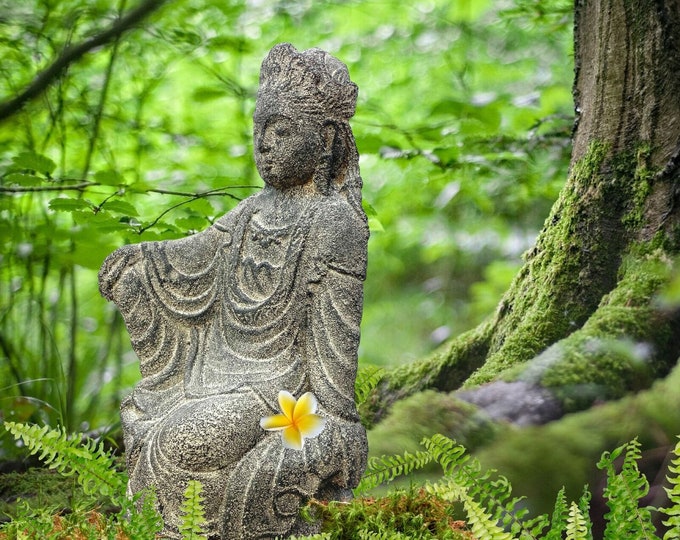 Guanyin Goddess of Compassion Garden Statue, Hand Cast Lava Stone ...