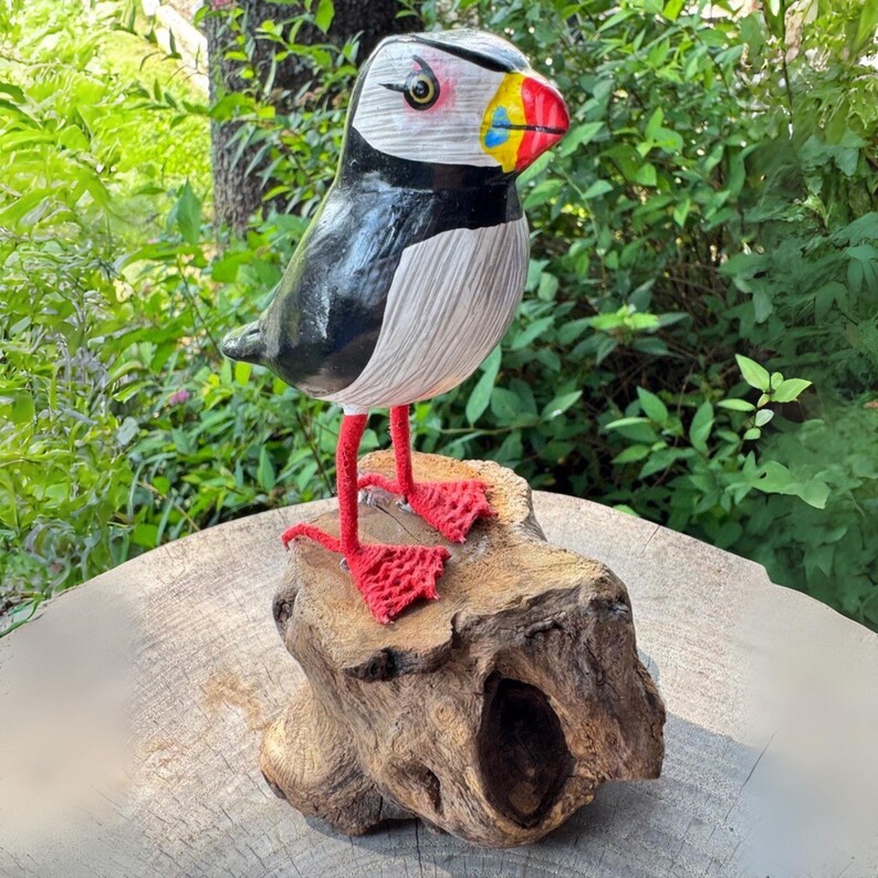 Hand Carved Wood Atlantic Puffin Bird Sculpture: Coastal Decor, Bali ...