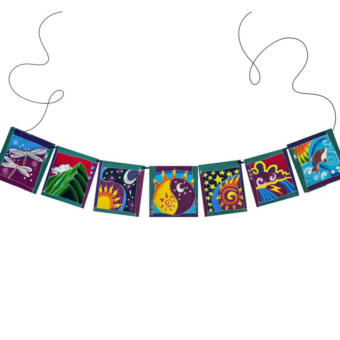 Handmade Batik Prayer Flag Set the Outdoors: Sun, Moon, Dragonfly ...