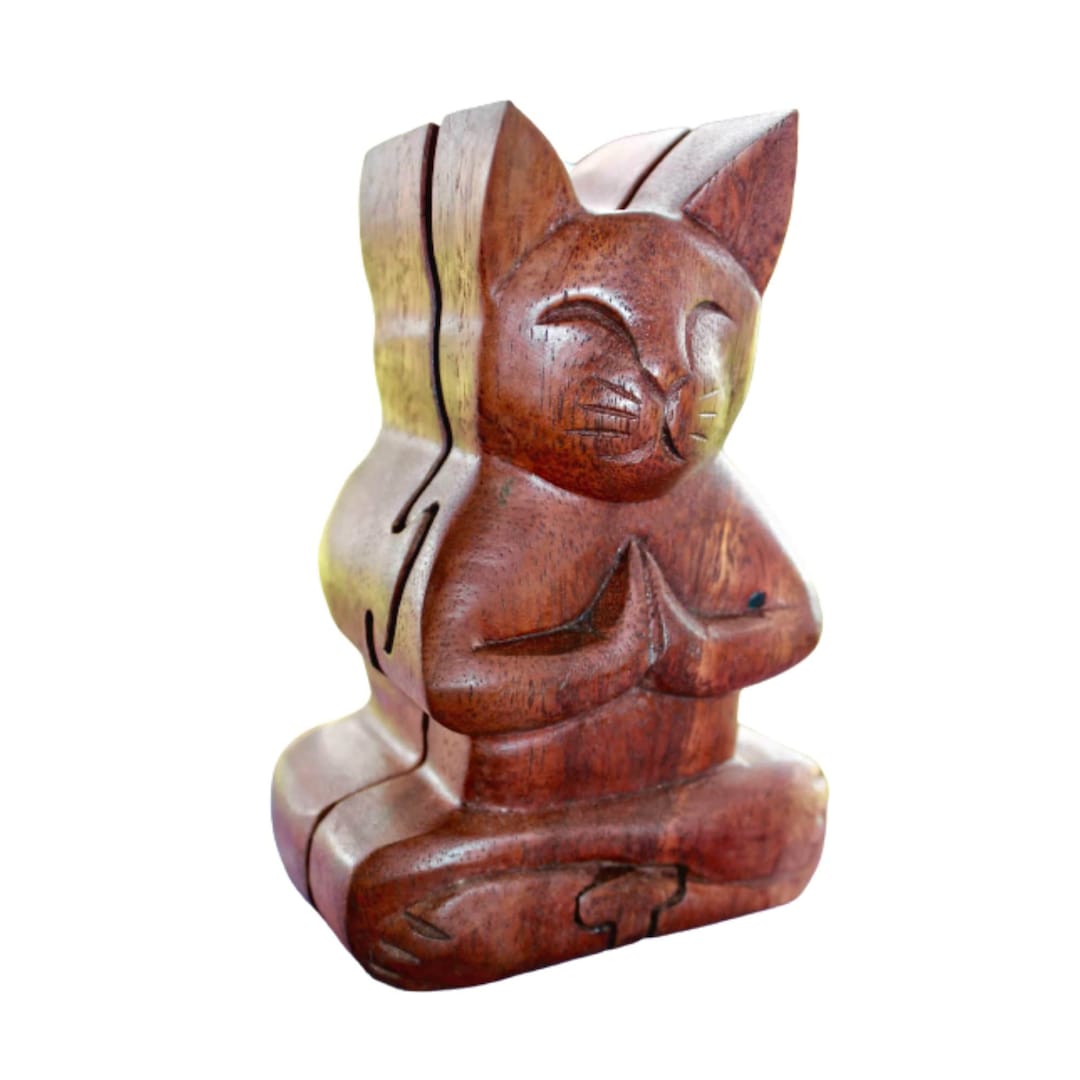 Namaste Cat Secret Puzzle Box Stash Trinket Carved Suar Wood Bali Art ...