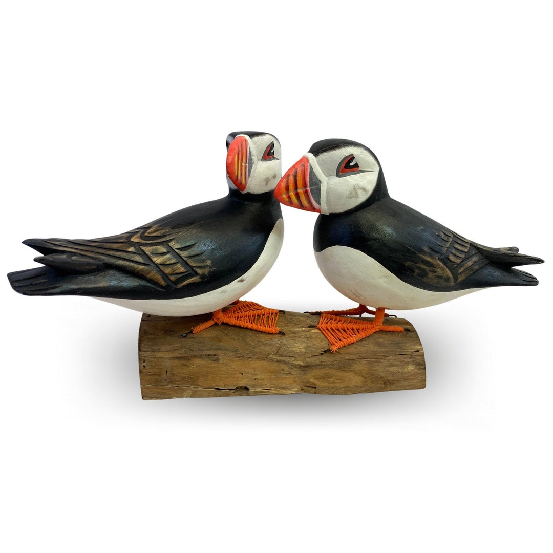 Hand Carved Twin Atlantic Puffin Sculpture: Painted Wood Carving Shore ...